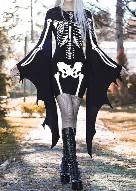 Skeleton Batwing Sleeve Bodycon Dress Zeagoo