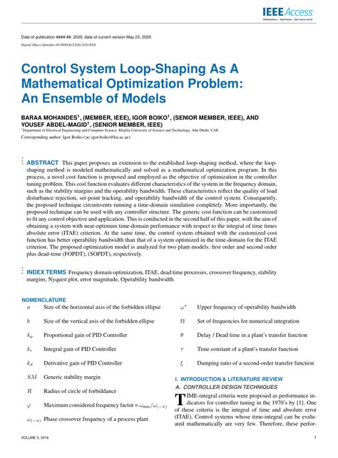 Pdf Control System Loop Shaping As A Mathematical Optimization Problem An Ensemble Of Models