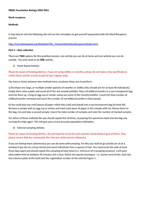 Pb001 Foundation Biology Mark Recapture Lab Methods Pb001