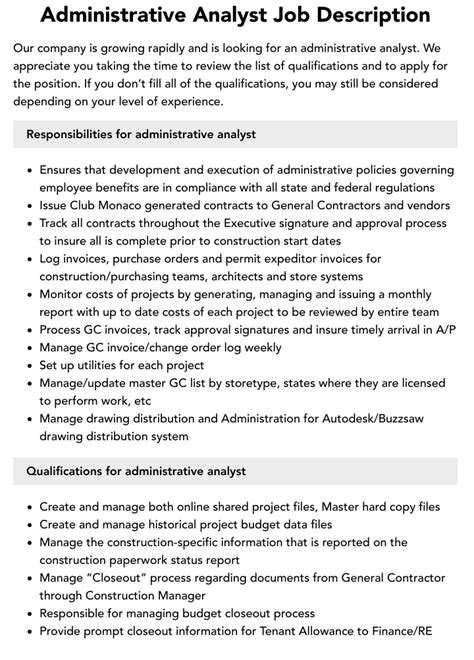 Administrative Analyst Job Description Velvet Jobs