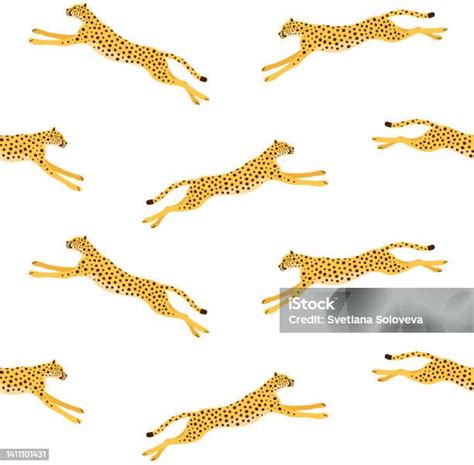 플랫 점프 치타의 벡터 이음새가 없는 패턴 달리기에 대한 스톡 벡터 아트 및 기타 이미지 달리기 치타 재규어 고양이