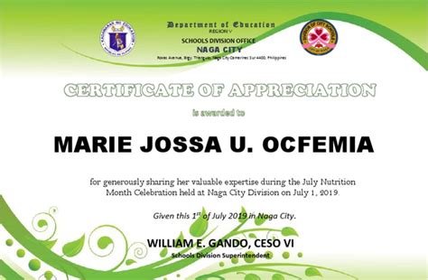 Certificate Of Appreciation For Nutrition Month Pdf