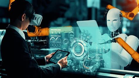 Mlp Cybernated Industry Robot And Human Worker Working Together In Future Factory Stock Footage