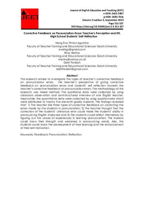 Pdf Corrective Feedback On Pronunciation Errors Teachers Perception And Efl High School