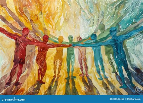 A Watercolor Painting Depicting A Circle Of Humans Holding Hands