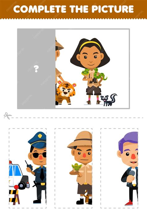 어린이를 위한 교육 게임은 귀여운 만화 사육사 인쇄 가능한 직업 워크시트의 올바른 그림을 자르고 완성합니다 프리미엄 벡터