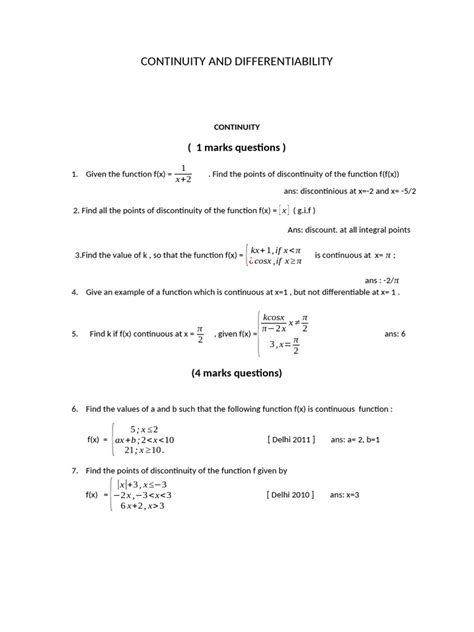 Continuity And Differentiability Class 12 2019 Pdf Function
