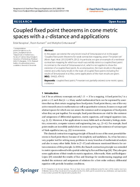 Pdf Coupled Fixed Point Theorems In Cone Metric Spaces With A C Distance And Applications