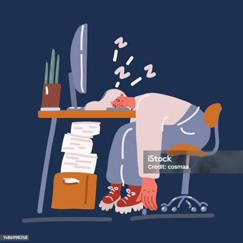 피곤한 사업가가 컴퓨터 화면 앞에서 책상 위에서 자고 있는 만화 벡터 삽화 게으름에 대한 스톡 벡터 아트 및 기타 이미지 게으름 직원 청년 성인 Istock