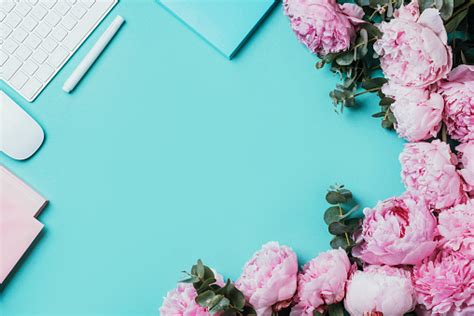 흰색 키보드 노트북 및 모란 유칼립투스 꽃 파란색 배경에 공간을 복사 홈 오피스 작업 공간 여성스러운 작업 공간 플랫 레이 블로거 비즈니스 개념 모의 생일 여성의 날 0명에