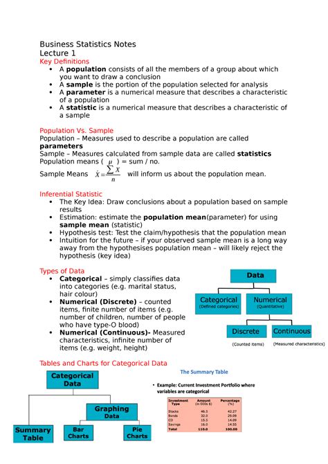 Business Statistics Notes Business Statistics Notes Lecture 1 Key Definitions A Population