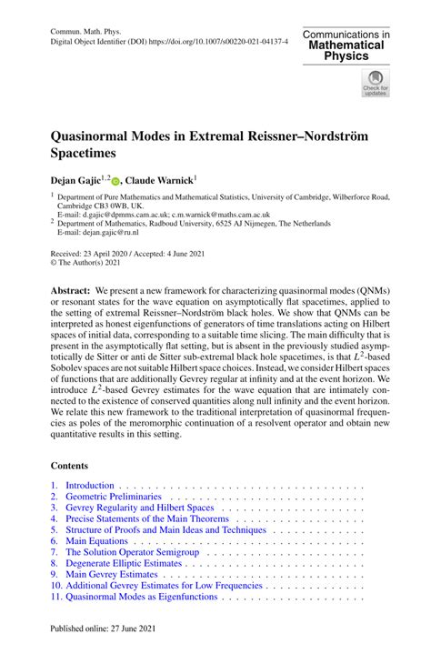 Pdf Quasinormal Modes In Extremal Reissnernordström Spacetimes