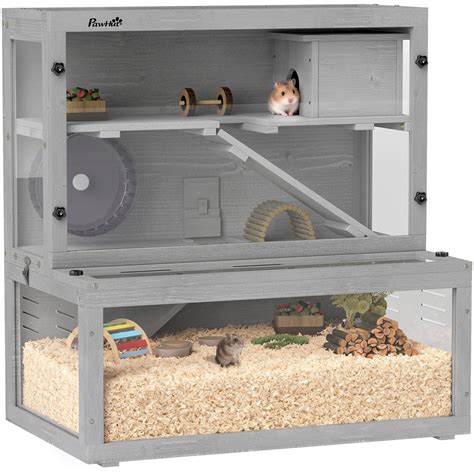 Pawhut 3 Tier Wooden Hamster Cage Gerbil Cage With Hut Wheel Ramps