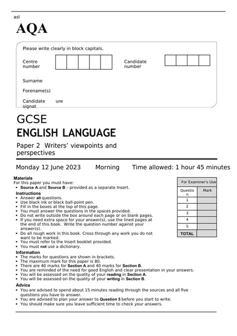 Aqa Gcse English Language Paper 1 June 2023 Question Papers And Mark Scheme Stuvia Us