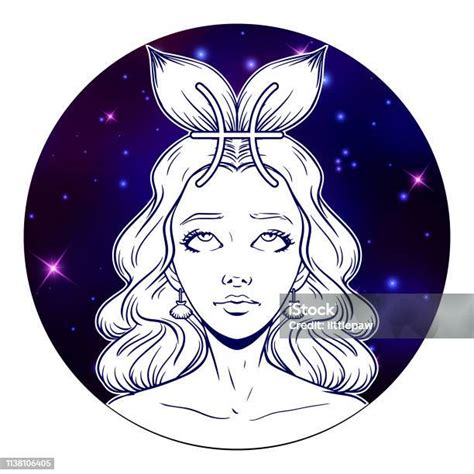 물고기 조디악 기호 작품 아름 다운 소녀 얼굴 별자리 기호 스타 기호 벡터 일러스트 레이 션 다중 색상에 대한 스톡 벡터 아트