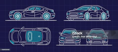 자동차 세단 은 고립 설정 차량 전면 측면 뒤 위 보기 플랫 스타일 Eps10 일러스트레이션 심플한 모던 한 디자인 아이콘 컬렉션입니다 교통수단에 대한 스톡 벡터 아트 및