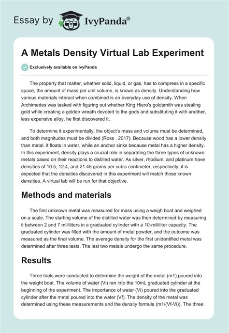 A Metals Density Virtual Lab Experiment 789 Words Report Example