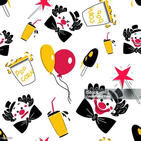 서커스를 주제로 한 매끄러운 패턴 광대의 머리 아이스크림 풍선 마술 지팡이 팝콘의 패턴 그림은 노란색 검은 색 빨간색 및 흰색입니다 벡터 그림 검은색에 대한 스톡 벡터 아트