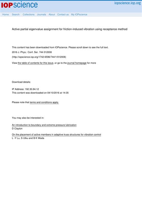 Pdf Active Partial Eigenvalue Assignment For Friction Induced Vibration Using Receptance Method