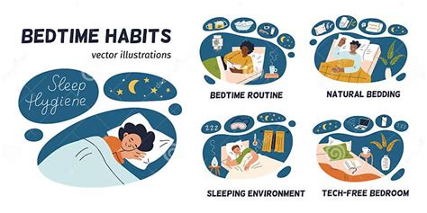 Sleep Hygiene Vector Illustration Set Bedtime Habits Collection Relaxation Tips Healthy Night