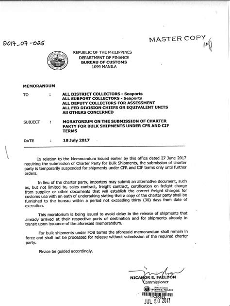 Memo 2017 07 025 Moratorium On The Submission Of Charter Party For Bulk Shipments Under Cfr And
