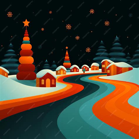 Winter Wonderland Village With Winding Road And Starry Night Sky