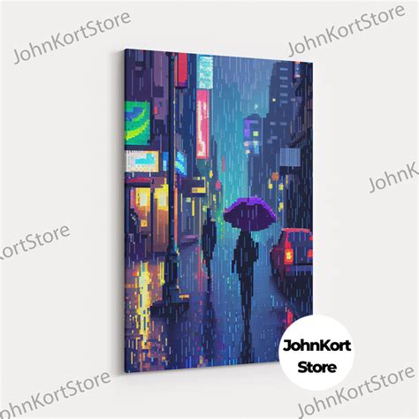 Rainy Day Pixel Art Cyberpunk Pixel City Framed Canvas Pri Inspire Uplift
