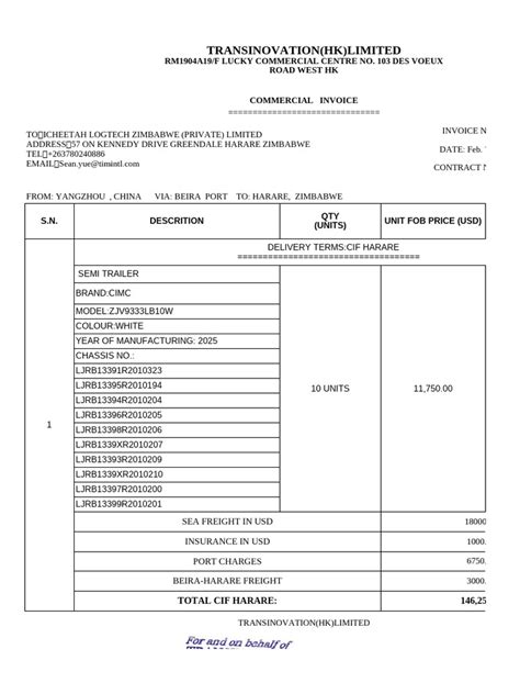 Zw00210trucks Customs Clearance Invoice Pdf Business Law Supply