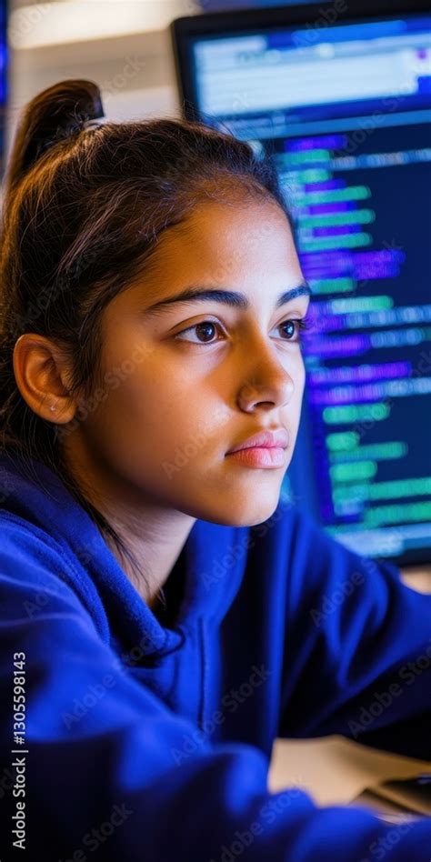 A Serious Young Girl Works Intently On Coding At Her Computer Desk Surrounded By Glowing