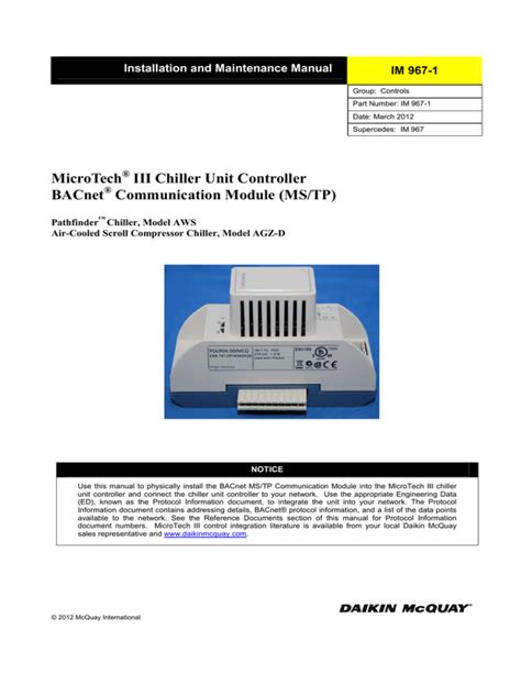 Microtech Iii Chiller Unit Controller Bacnet Communication Module Ms Tp Manualzz