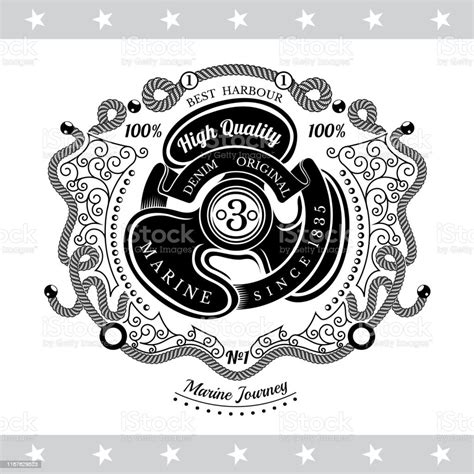 중앙에 리본이 있는 선박 프로펠러 크로스가 있는 라인 패턴의 로프 프레임 화이트에 마린 빈티지 라벨 검은색에 대한 스톡 벡터