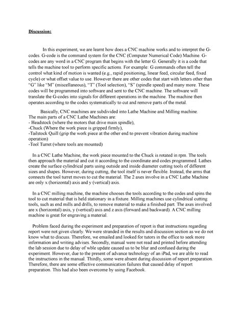 CNC Lab Report Discussion In This Experiment We Are Learnt How Does A CNC Machine