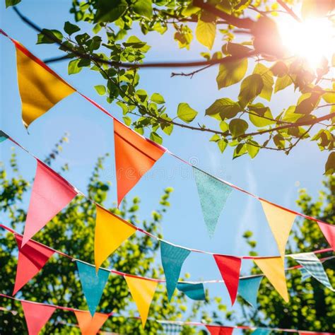 Colorful Triangle Flags Hanging Against Blue Sky And Green Leaves Stock