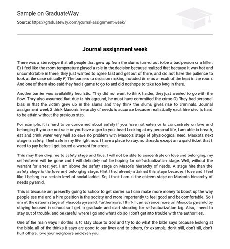 ⇉journal Assignment Week Essay Example Graduateway