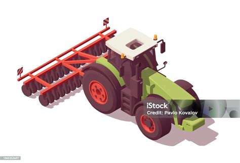 농업 장비 세트와 등대 트랙터 흰색 백그로웅에 빨간색 재배자가있는 고립 된 낮은 폴리 녹색 트랙터 벡터 일러스트레이터 수집