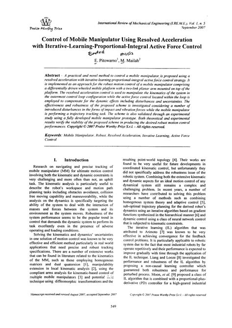 Pdf Control Of Mobile Manipulator Using Resolved Acceleration With Iterative Learning