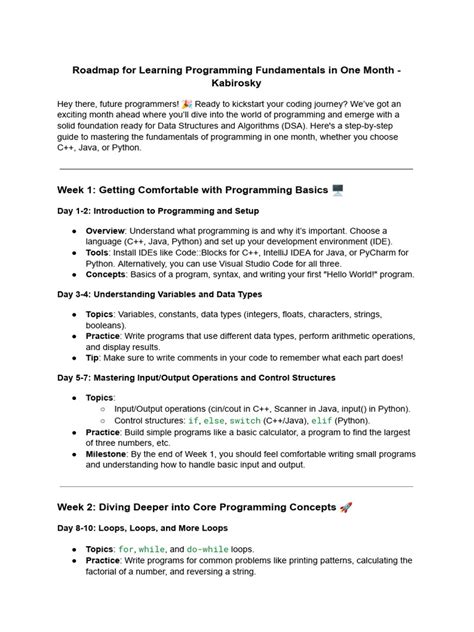 roadmap for learning programming fundamentals in one month kabirosky
