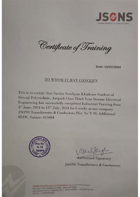 Itr Certificate Sachin Khadsare Jsons Transformers Conductors
