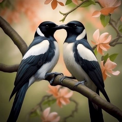 Magpie Birds Sitting Face To Face Images Generative Ai Stock