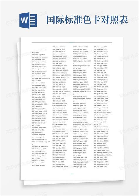 国际标准 色卡对照表word模板下载 编号qpekrpee 熊猫办公