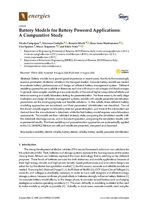Battery Models For Battery Powered Applications Energies Article