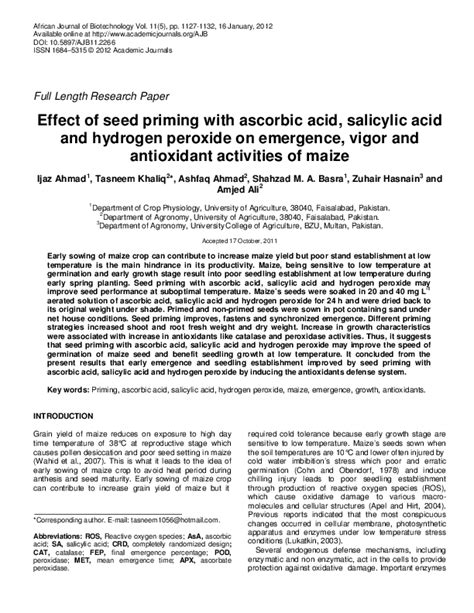 Pdf Effect Of Seed Priming With Ascorbic Acid Salicylic Acid And