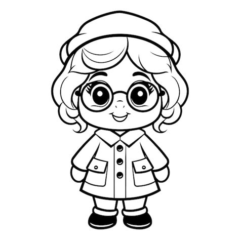 아이들을 위한 컬러링 책 코트와 모자를 입은 귀여운 소녀 프리미엄 벡터