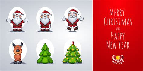 순 록 산타 클로스 크리스마스 나무입니다 벡터 만화 캐릭터의 집합입니다 인사말 카드 또는 명절 애니메이션에 대 한 템플릿입니다 겨울에 대한 스톡 벡터 아트 및 기타 이미지