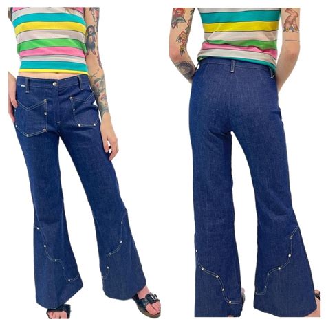 Vintage 1970s Bell Bottoms Blue Denim Flare Leg High Rise Adorned