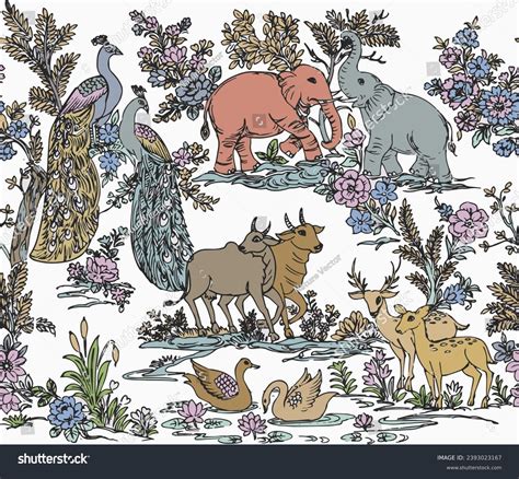 Kalamkari Pattern Animals Flowers Trees Isolated Stock Vector Royalty