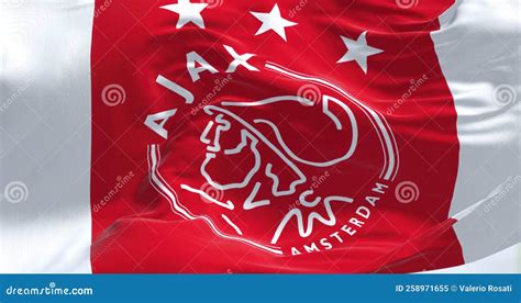 Close Up View Of The Afc Ajax Flag Waving In The Wind Editorial Image Image Of Crest