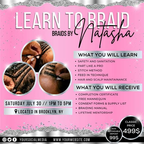 Braiding Class Flyer Canva Template Editable Hair Stylist Training