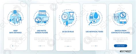 Digital Eyestrain Prevention Tips Onboarding App Page Screen With Concepts Stock Vector