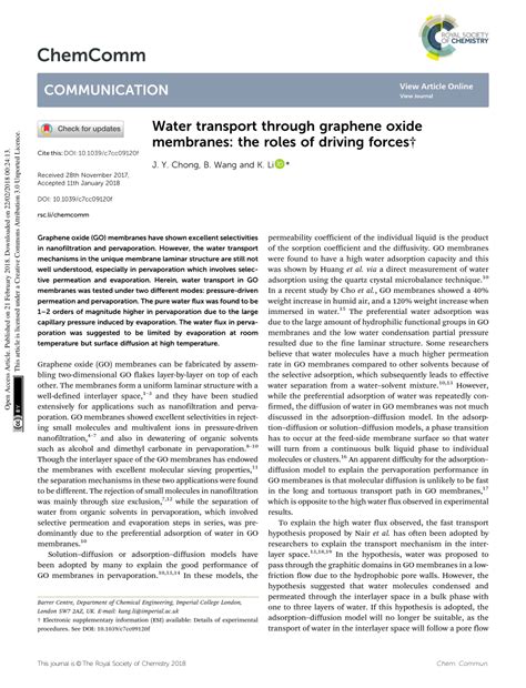 Pdf Water Transport Through Graphene Oxide Membranes The Roles Of Driving Forces